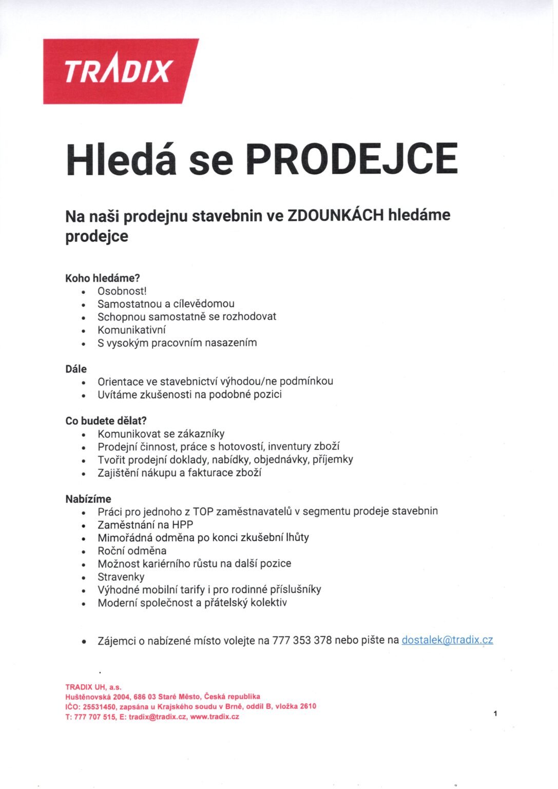 Inzerce - nabídka zaměstnání Zdounky - Obec Lubná